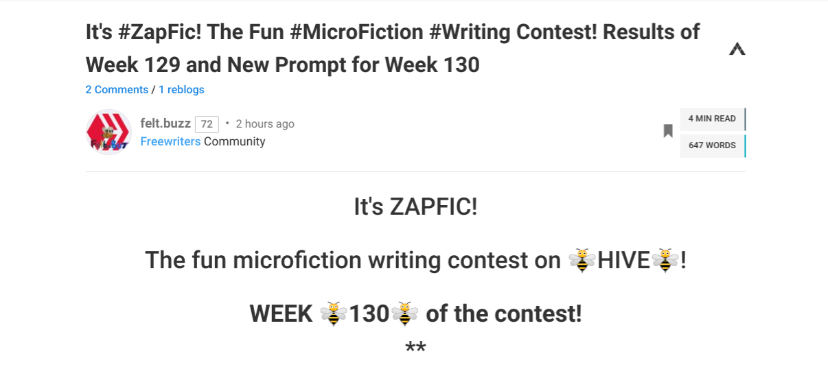 Week 130 of the ZapFic MicroFiction Writing Contest on Hive! – ZapFic.Club